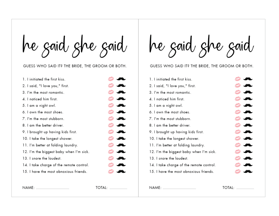 He Said She Said Bridal Shower Game: Questions + Free Printable